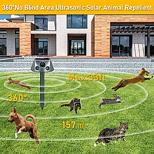 Ultrasonic Solar Animal Repeller for Yard, 6 Modes Outdoor Animal Repellent with PIR Motion Sensor & Flashing Light, Animals Deterrent for Squirrel Bird Deer Cat Skunk Dog for Yard Garden