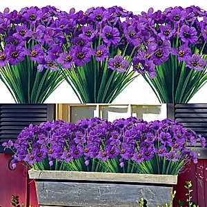 SOFYOURS 16 Bundles Artificial Flowers Purple Outdoor UV Resistant Plant No Fade Fake Flowers for Garden Porch Window Box
