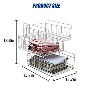 3-Tier Sliding Closet Organizers and Drawer,Storage Shelves for Clothes,Collapsible Stackable Storage Baskets Bins,Clothes Organizer Containers Wardrobe Locker, Metal Drawer Shelf,Cupboard Organizer for Clothes(White)