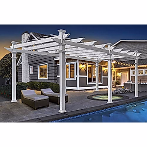 Vita 12 Foot by 16 Foot White Vinyl Barcelona Flat Top Pergola, PVC, Shade Structure, Outdoor Living, BPA and Pthalate Free, VA42028