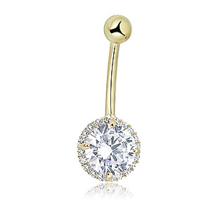 AVORA 10K Yellow Gold 8mm Simulated Diamond CZ Halo Belly Button Ring Body Jewelry (14 Gauge)