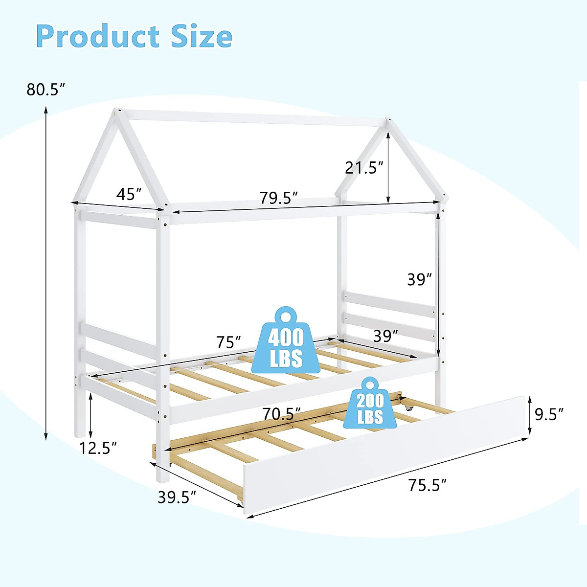 KOMFOTT Twin House Bed with Trundle, Solid Wood Playhouse Platform Bed Frame, Kids Daybed with Roof for Girls & Boys, No Box Spring Needed, Noise-Free Design, Easy Assembly, White