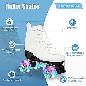 Gets Women's Roller Skates PU Leather High-top Roller Skates Four-Wheel Roller Skates Shiny Roller Skates for Girls Unisex (White Flash Wheel,US: 6)