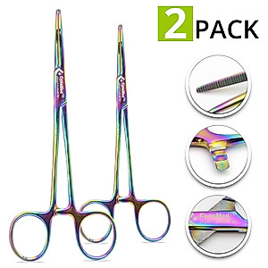 Cynamed Set of 2 Artzone Multi Color Hemostat Forceps with Serrated Jaws, Stainless Steel Rainbow Pliers - 5 inch