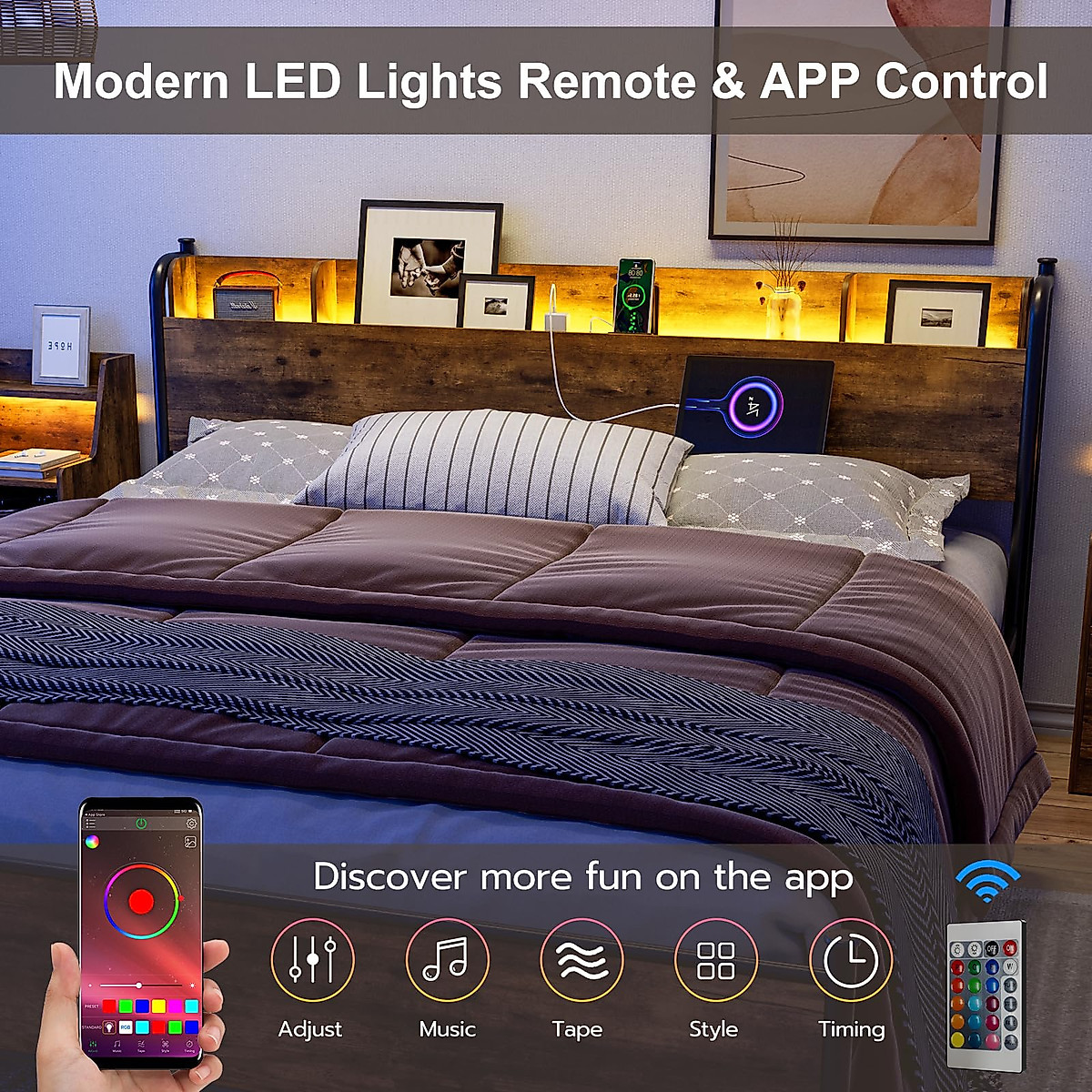 IKIFLY King Size Storage Headboard with Charging Station & LED Lights, Headboard for King Size Bed Frame, Industrial King Headboard Only with Storage for Bedroom, Attach Frame, Rustic Brown