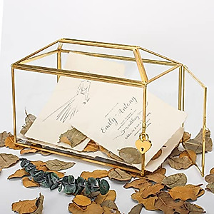 REDHUGO 12.6x5.9x9 inches Large Glass Card Box Handmade with Slot and Lock, Wedding Card Boxes for Reception, Graduation, Gift Cards, Party, Brass Geometric Terrarium, Golden Decorative Box