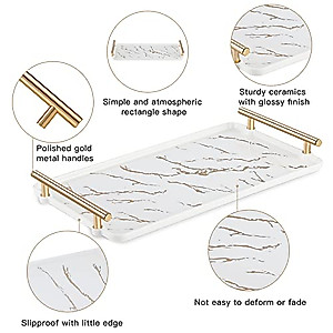 Ottoman Coffee Table Serving Tray, Large White Ceramic Decorative Trays for Coffee Table, Entryway Table, Console Table, Kitchen Island, Organizer Vanity Tray for Jewelry & Perfume (Gold Foiling)