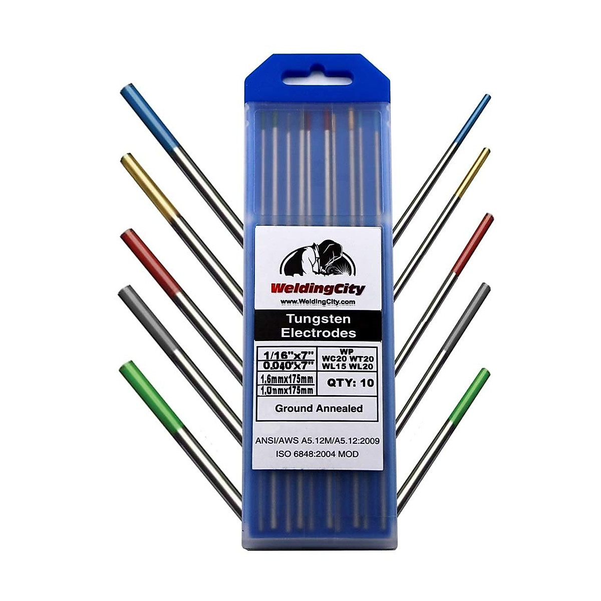 WeldingCity 10-pk Premium TIG Welding Tungsten Electrode 1/16"-3/32" x 7" ASSORTED ALLOYING Green-Red-Gray-Gold-Blue