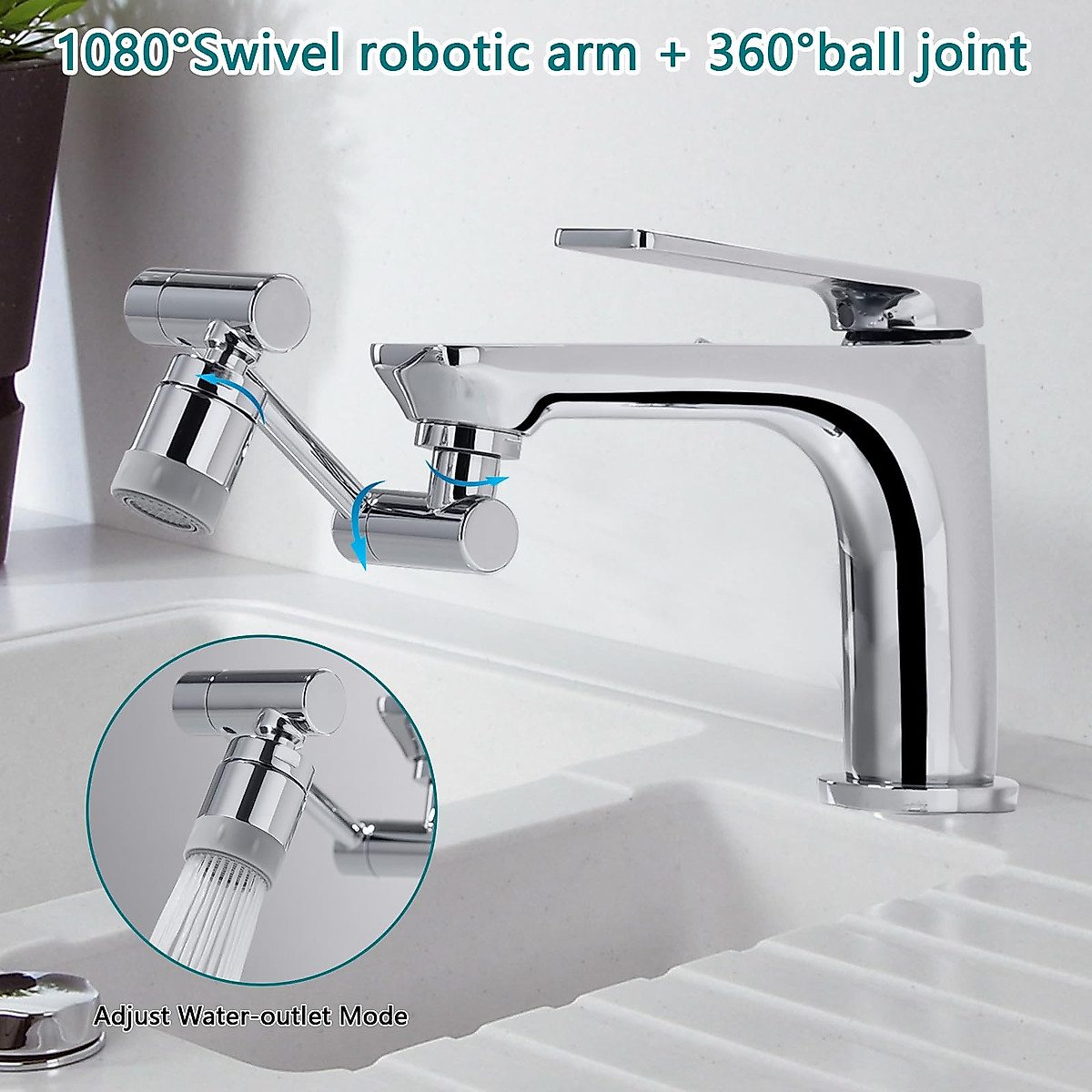 TIDYENDURE 1080°Swivel Faucet Extender, Sink Water Faucet Aerator Extension, 2-Flow Sprayer Faucet Head, Faucets Bubbler for Kitchen and Bathroom Sink Faucet, Tap Adjustment for Face Washing, Silver