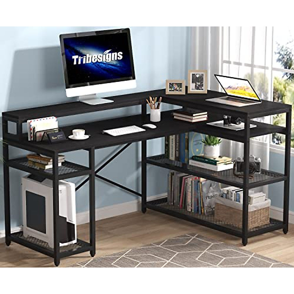 Tribesigns L Shaped Desk with Storage and Monitor Stand, Industrial Home Office Computer Desk with Storage Shelves, 59 Inch Corner Desk with Monitor Shelf(Full Black)