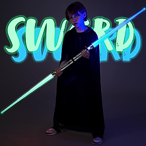 JOYIN Extendable 2-in-1 Light Up Sword for Kids, Dual LED Swords Set with FX Sound (Motion Sensitive) and Realistic Sliver Handle for Fighters and Warriors, New Years Eve Party Supplies Boys Stuff