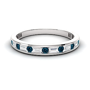 Diamondere Baguette Natural and Certified London Blue Topaz and Baguette Diamond Wedding Ring in 14K White Gold | 0.44 Carat Half Eternity Stackable Band for Women, US Size 6.5