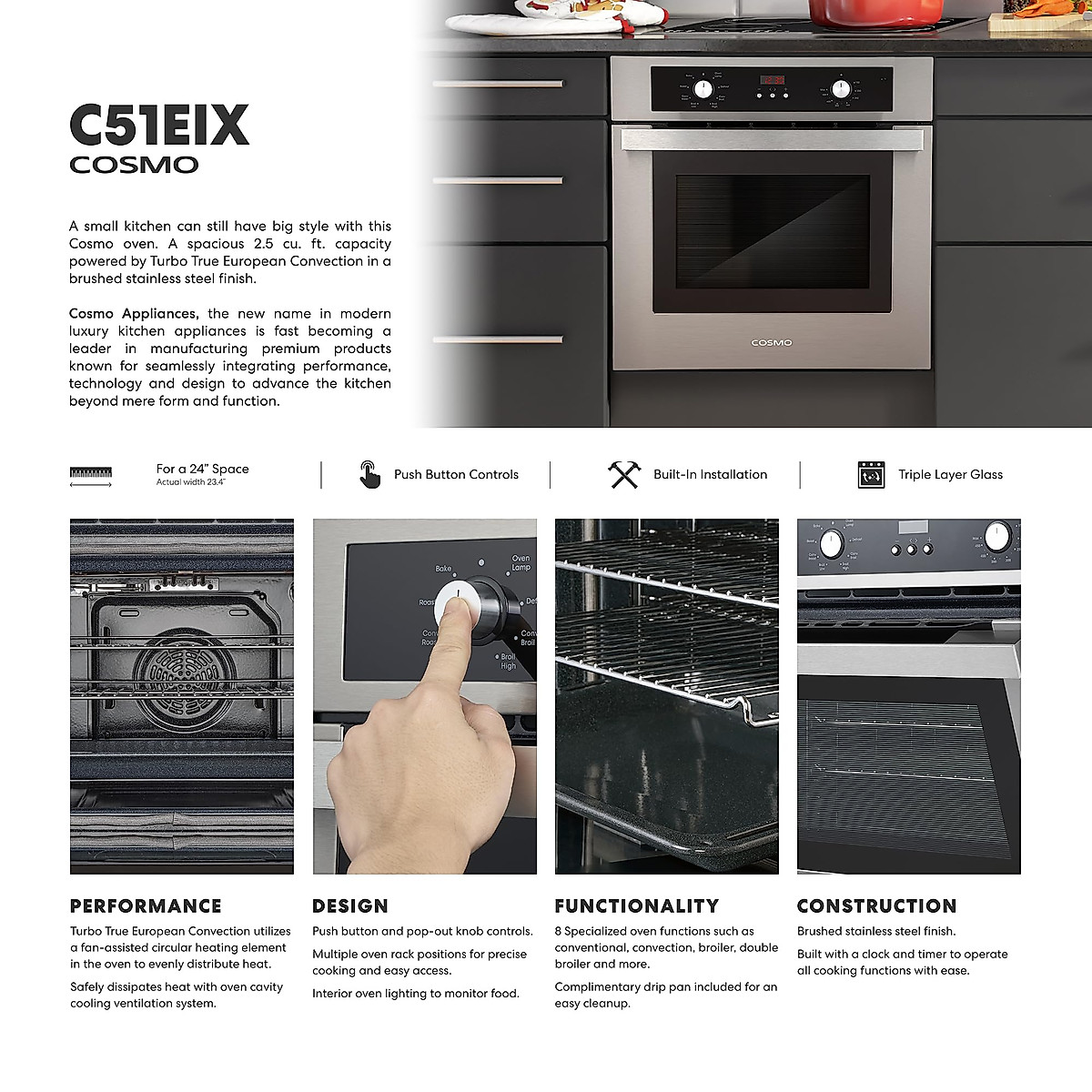 COSMO C51EIX 24 in. Lumin Collection 2.5 cu. ft. Electric Wall Oven, 8 Functions & Turbo True European Convection in Stainless Steel