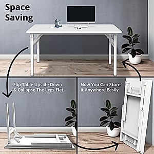 Halter Folding Desk Table for Small and Large Spaces, Collapsible Computer Desk for Office, Bedroom, and Study - 47” Space-Saving Portable, Foldable Study Table - White Desk, White Frame