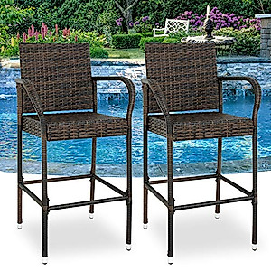 BBBuy Set of 4 Wicker Bar Stool All Weather Outdoor Backyard Rattan Chair Patio Furniture with Armrest and Footrest