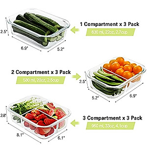 HOMBERKING 9 Pack Glass Meal Prep Containers 3 & 2 & 1 Compartment, Glass Food Storage Containers with Lids, Airtight Glass Lunch Bento Boxes, BPA-Free & Leak Proof (9 lids & 9 Containers) - White