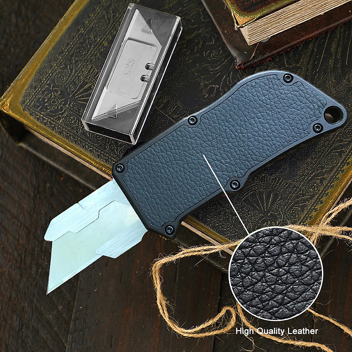 Caressolove Automatic Pocket Knife, Black Razor Blades Utility Knife, Box Cutters Retractable Heavy Duty, Premium Safety Push Button Knife with 5PCS Blades