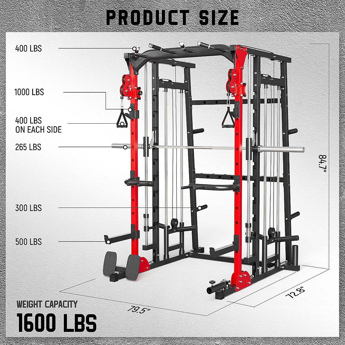 MAJOR LUTIE Smith Machine, SML07 1600lbs Power Cage with Smith Bar and Two LAT Pull-Down Systems and Cable Crossover Machine, 6 Cable Attachment(2023 Version), D32