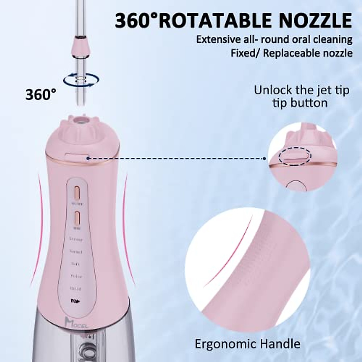 MOCEL Water Dental Flosser Oral Irrigator with 5 Modes, 350ml Cordless Water Teeth Cleaner Pick 6 Tips, IPX7 Waterproof Portable Powerful Battery for Travel & Home Braces & Bridges Care (Pink)