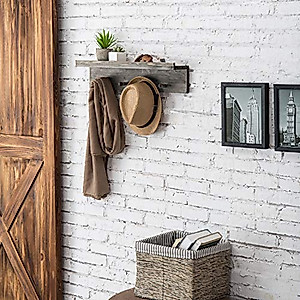 MyGift Wall-Mounted Gray Wood 24-Inch Hanging Shelf with 4 Peg Hooks
