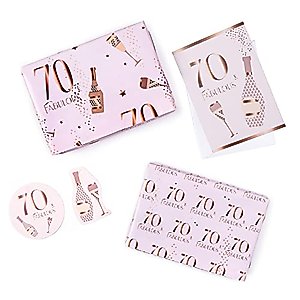 BIOBROWN Pink Happy 70th Birthday Wrapping Paper Sheets Pink Design Including Greeting Card and Gift Tags for Birthday Wishes 2 Fold Flat Sheets