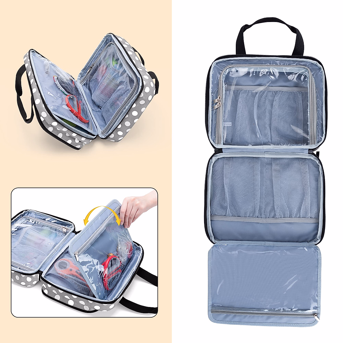 Luxja Large Sewing Organizer with 3 Inner Sections (Fold up Easily), Sewing Supply Organizer with Versatile Pockets (No Accessories Included), Polka Dots