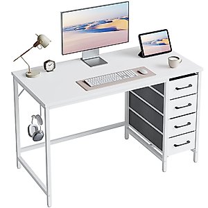 CubiCubi 40 Inch Computer Reversible Desk with 4 Storage Drawers, Small Home Office Kids Student Writing Study Work Table for Bedroom, White