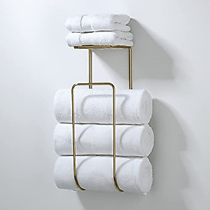 mDesign Bathroom Towel Holder and Organizer with Storage Shelf - Modern Metal Wall Mount Towel Rack - Towel Holder Rack for Bathroom with Shelf for Accessories - Concerto Collection - Soft Brass