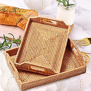 Rectangular Rattan Serving Tray with Handles, Handwoven Wicker Decorative Display Serving Platters for Coffee, Breakfast, Drinks, Snack Multi-Purpose Dining Table Desktop Organiser Tray(S)