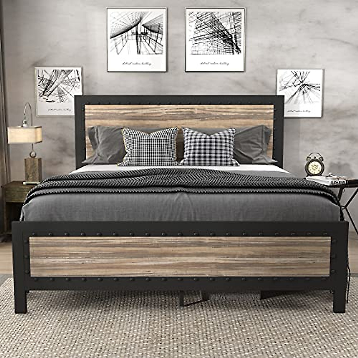SHA CERLIN Heavy Duty Full Size Bed Frame/Metal Platform Bed with Rivet Wooden Headboard Footboard/ 13 Strong Steel Slats Support/No Box Spring Needed/Mattress Foundation/Easy Assembly