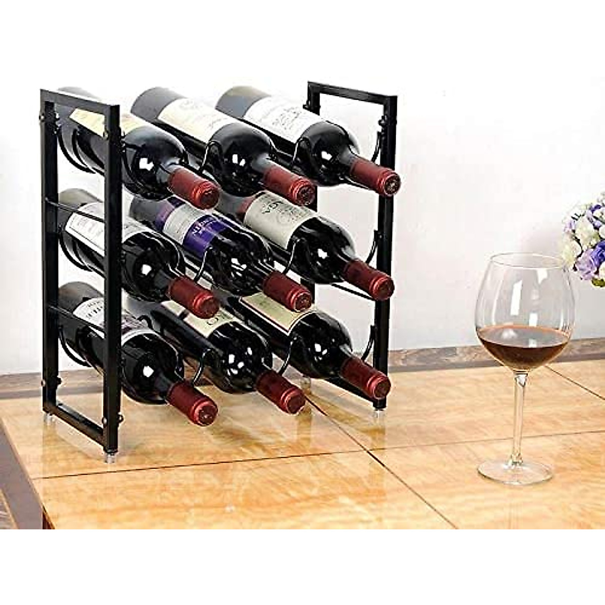 POPKU 9-Bottles Wine Rack - 3 Tier Stackable Wine Holder for Bottles - Classic Style Wine Shelf for Pantry, Perfect for Bar, Wine Cellar, Basement, Cabinet, Pantry, etc - Metal (Black)