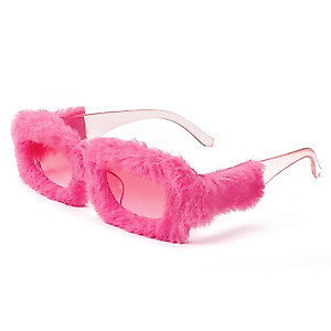 FEISEDY Women Plush Fuzzy Small Rectangle Sunglasses Punk Soft Velvet Shades Ladies Handmade Party Cosplay Eyewear B4093