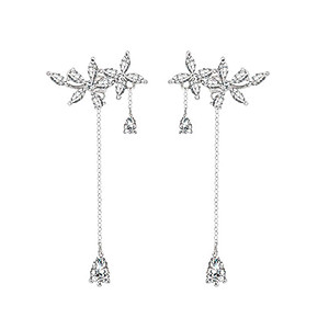 SLUYNZ 925 Sterling Silver CZ Flowers Wrap Earrings Dangle Chain for Women Elegant Bridal Earrings Wedding Engagement Drop Earrings (A-Silver)