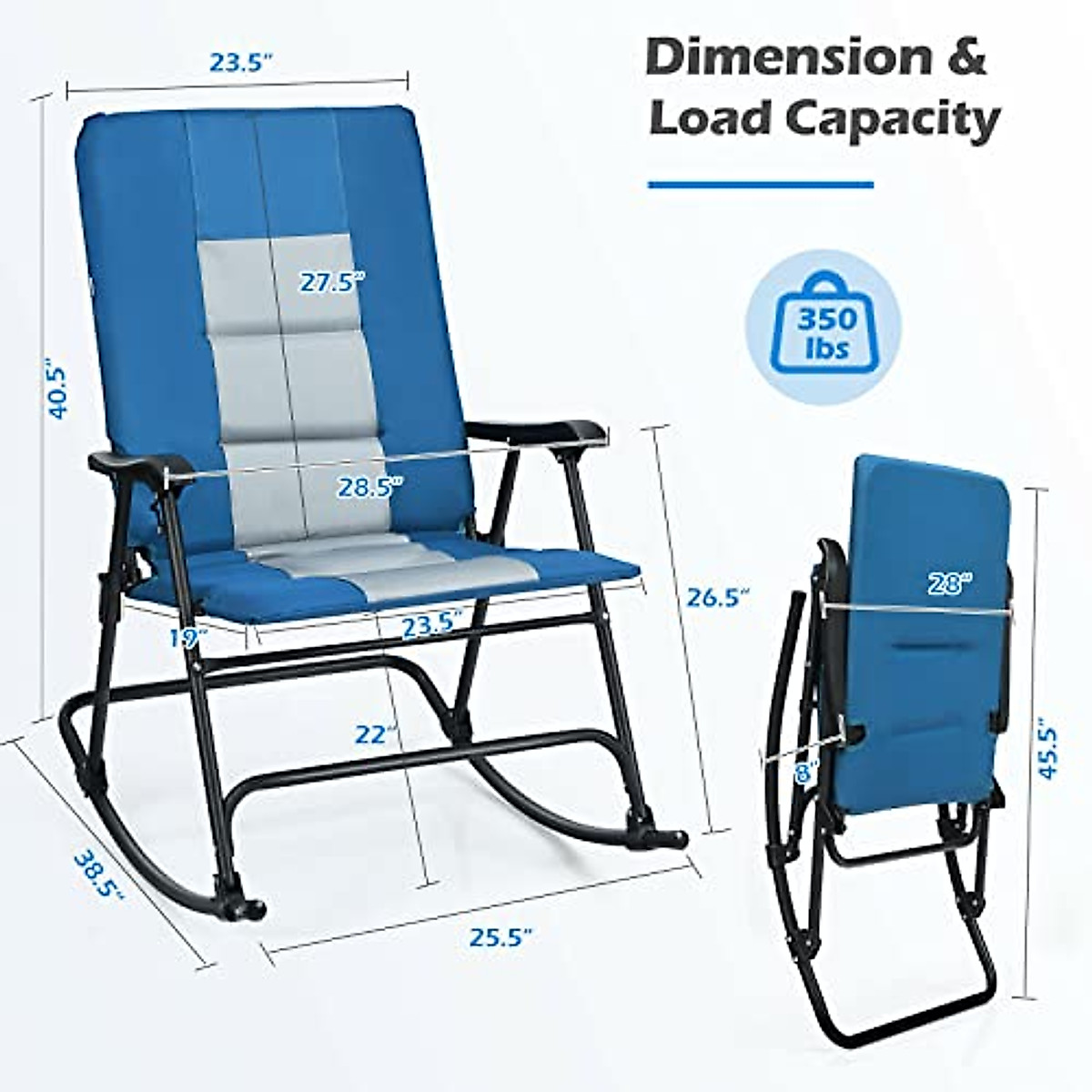 Giantex Camping Rocking Chair Fold-able Oversized with Padded Armrest and Seat Folding Lawn Chair 350 lbs Weight Capacity for Outdoor, Patio, Lawn, Backyard, Garden Portable Chair (1, Blue)