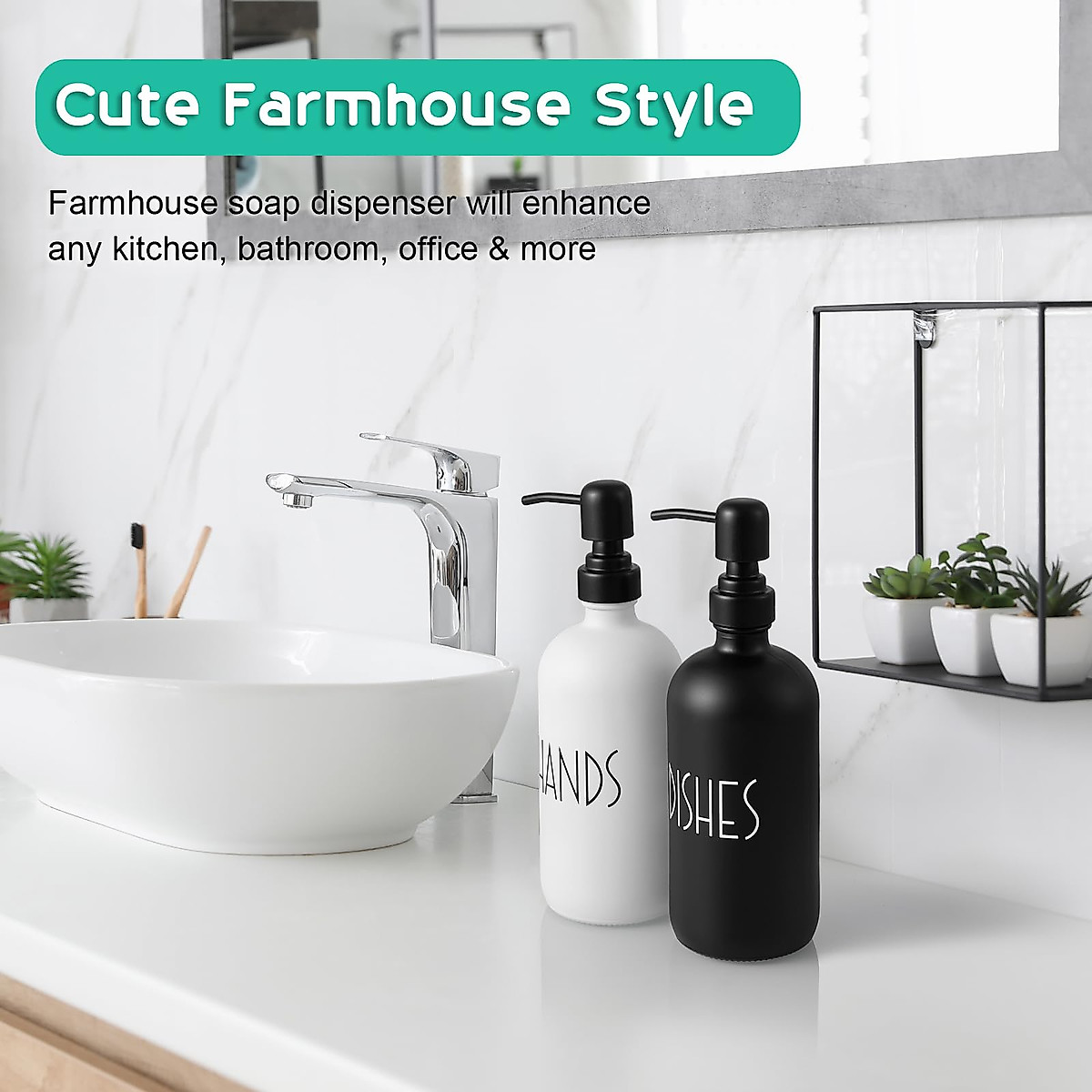 ALELION Glass Dish Soap Dispenser for Kitchen - 16 OZ Hand Soap Dispenser Set with Stainless Steel Pump - Matte Black White Modern Farmhouse Kitchen Bathroom Decor and Accessories