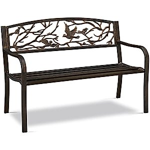 Yaheetech Patio Garden Bench Outdoor Cast Iron Metal Bench, w/Bird Design Backrest, Slatted Seat, Park Bench Outdoor Furniture for Porch, Deck, Park, Yard, Entryway, Path