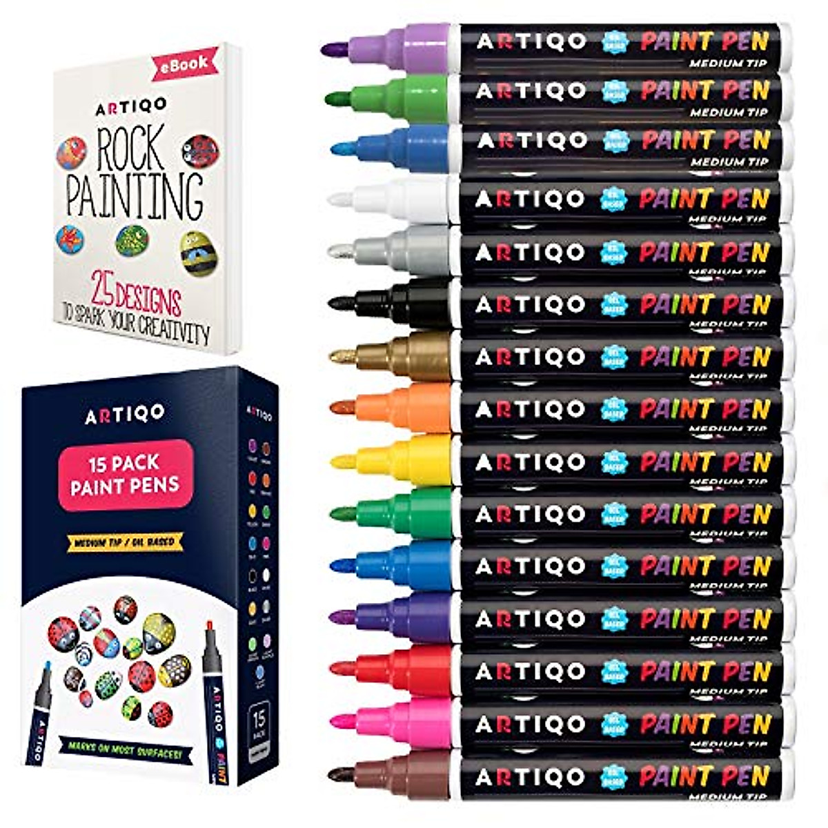 Paint pens for Rock Painting - Wood, Glass, Metal and Ceramic Works on Almost All Surfaces Set of 15 Vibrant Medium tip Oil Paint Marker Pens, Quick Dry, Water Resistant