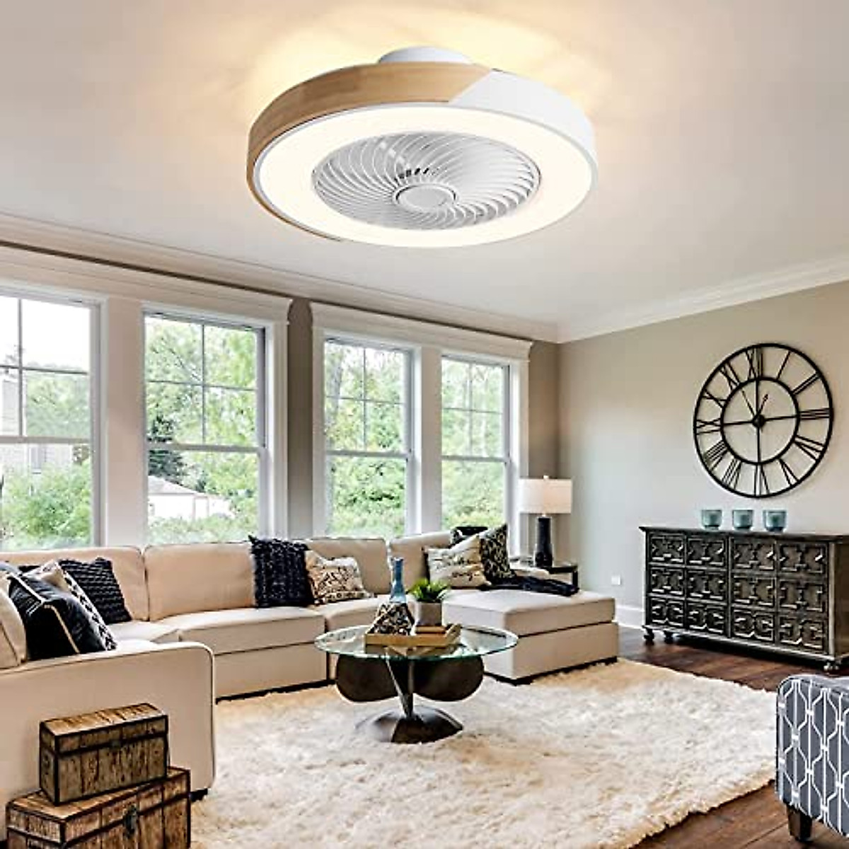 Modern Wooden Ceiling Fan with Light, 20'' LED Remote Control Dimmable Lighting Modes Low Profile Flush Mount Quiet Electric Fan, Adjustable Wind Speed Timing, Children's Princess Room,White