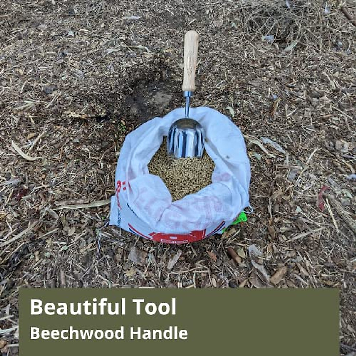 Giant 13.5” Stainless Steel Scoop with Long, Beautiful Wooden Handle. Perfect for Fertilizer and Compost in the Garden or use with Ice, Dry Goods, Pet Food or Feed. – By Truly Garden