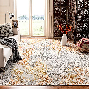 SAFAVIEH Madison Collection 6'7" x 9'2" Cream / Orange MAD608K Boho Chic Distressed Non-Shedding Living Room Bedroom Dining Home Office Area Rug