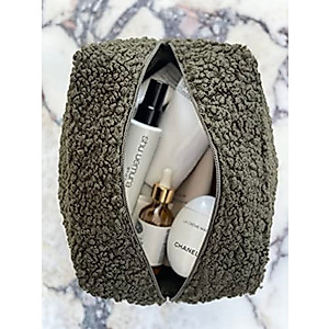 Boucle Cosmetics Toiletry Makeup Bag Large Aesthetic Makeup Travel Accessories Gift Idea (Olive Green Boucle)