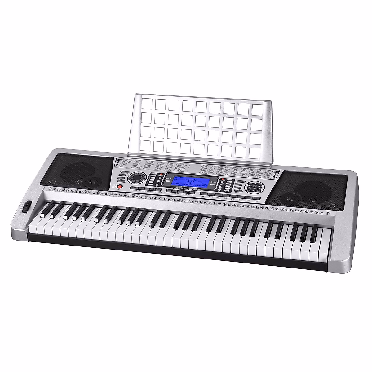 AW 61 Key Electric Keyboard Organ LCD Screen MIDI Silver Sheet Music Stand Digital Demo Songs Midi Output 125 Rhythms 345 timbress Personal Electronic Piano