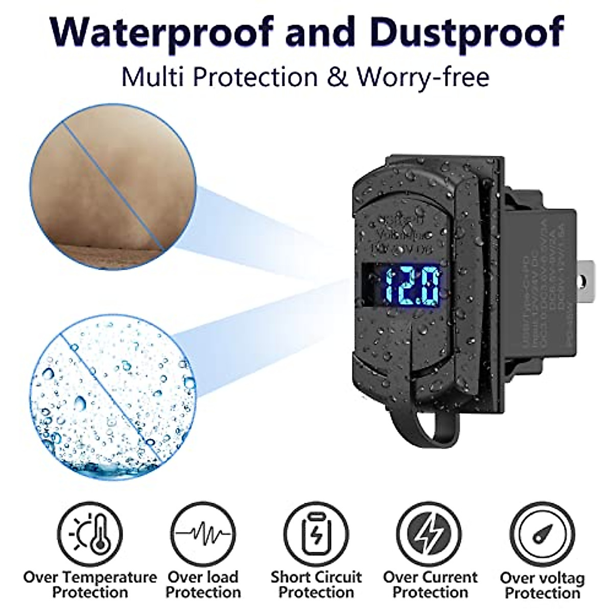 [2022 New] USB C Car Charger Socket Rocker Style Switch Replacement, Dual PD and QC3.0 12V/24V Panel Mount USB Outlet with LED Voltmeter for Boat Marine Truck Bus Off Road Vehicles RV Golf Cart, etc.