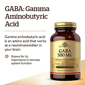 Solgar GABA 500 mg, 100 Vegetable Capsules - Relaxation & Nervous System Support - Amino Acid - Non-GMO, Vegan, Gluten Free, Dairy Free, Kosher - 100 Servings