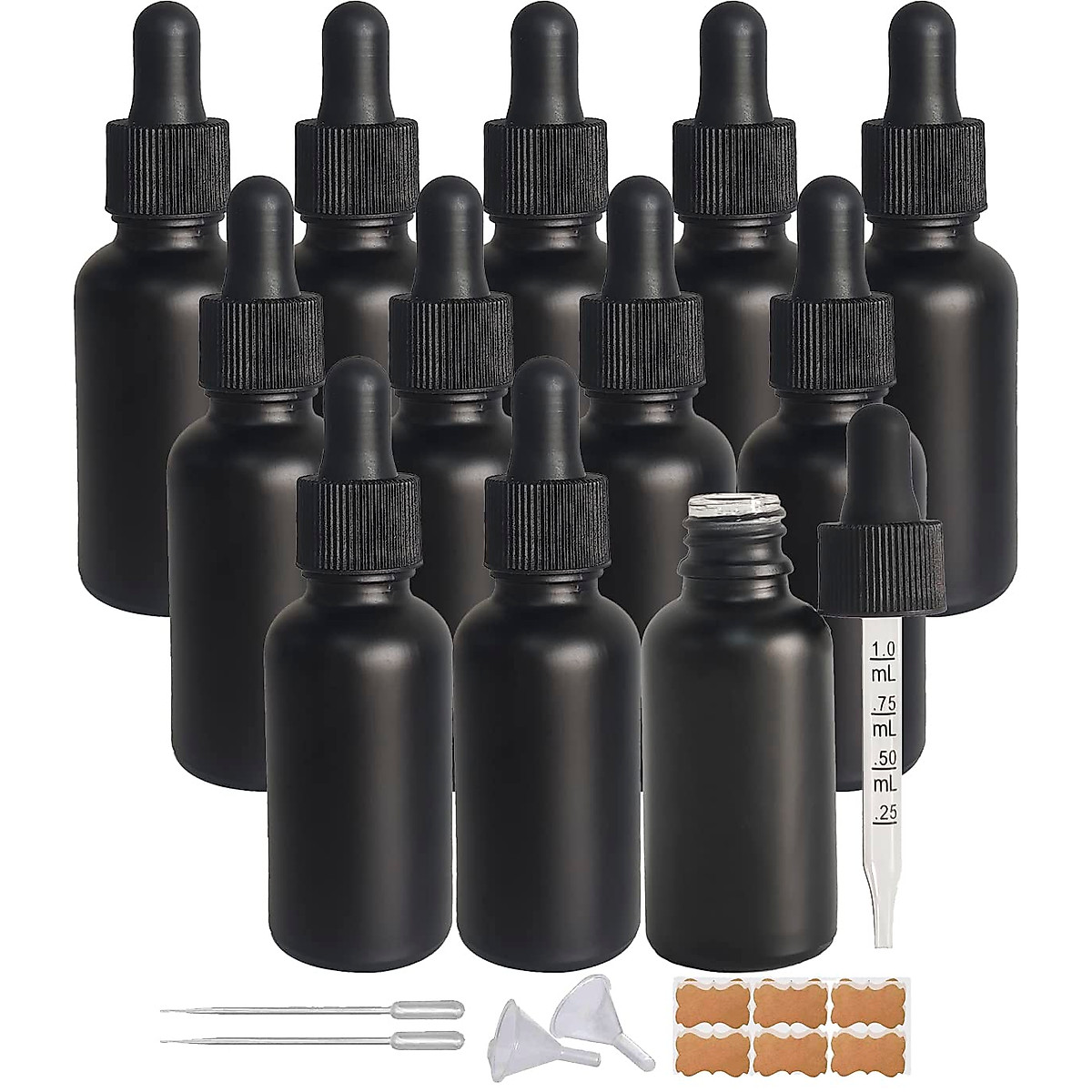 BEGIKET 12 Pack 1oz Black Coated Glass Dropper Bottle,30ml Frosted Black Glass Bottles with Eye Droppers,for Essential Oils,Leakproof Travel Bottles, Oil Bottles for Hair