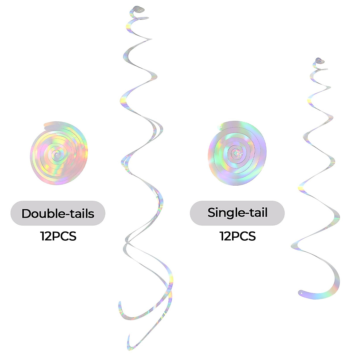 24 PCS Iridescent Hanging Swirl, Shinny Holographic Ceiling Decorations, Plastic Streamer Party Decorations with Double-Swirls and Single-Swirls for Birthday Decorations, Wedding, Baby Shower
