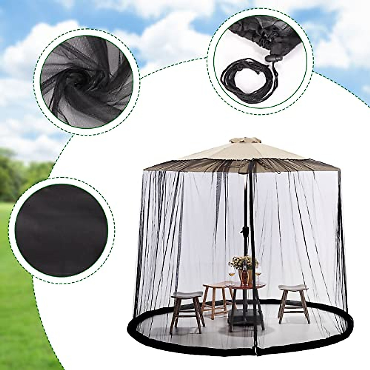 cjc Patio Umbrella M-osquito Netting with Zipper Door, Polyester Mesh Screen, Height Diameter Adjustable, for Outdoor Patio Garden (Black, 11-12FT)