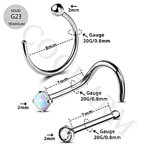 COCHARM 3pcs G23 Titanium Nose Stud Set 20g White Opal Nose Screw 2mm CZ Nose Bone 20 Gauge White Opal Nose Piercing Nose Hoop Nose Corkscrew Hypoallergenic Nose Jewelry