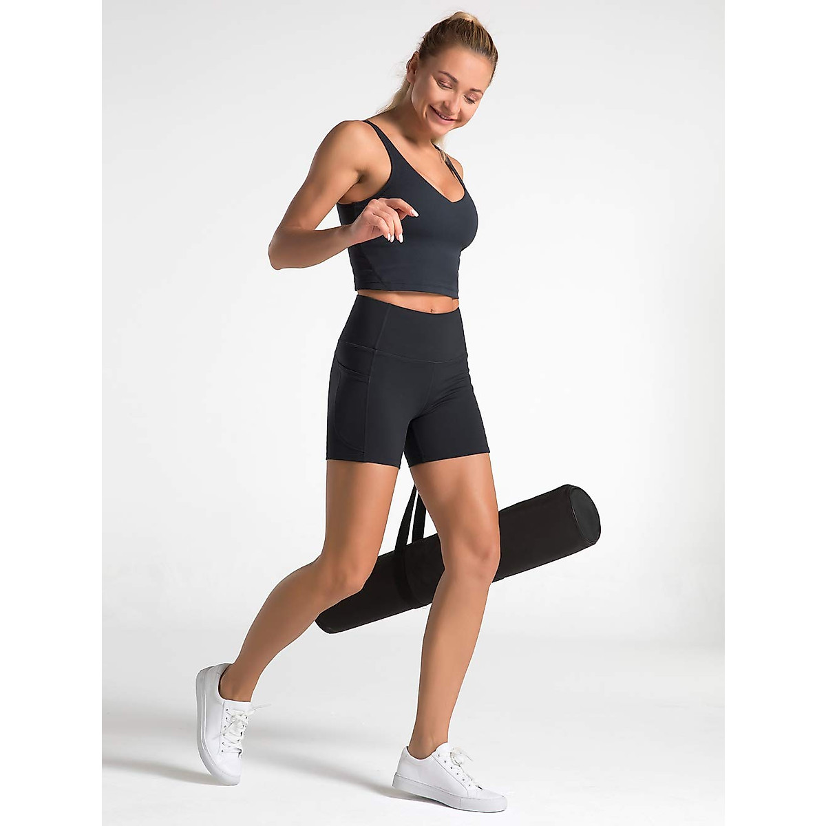 Dragon Fit High Waist Yoga Shorts for Women with 2 Side Pockets Tummy Control Running Home Workout Shorts(Medium, Black)