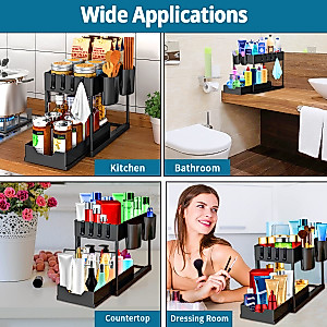 Under Sink Organizers and Storage, Pull Out Undersink Organizers Basket, 2 Tier Bathroom Cabinet Storage with Towel Rack Hooks, Hanging Cup, Multi-purpose Storage Shelf for Kitchen Toilet